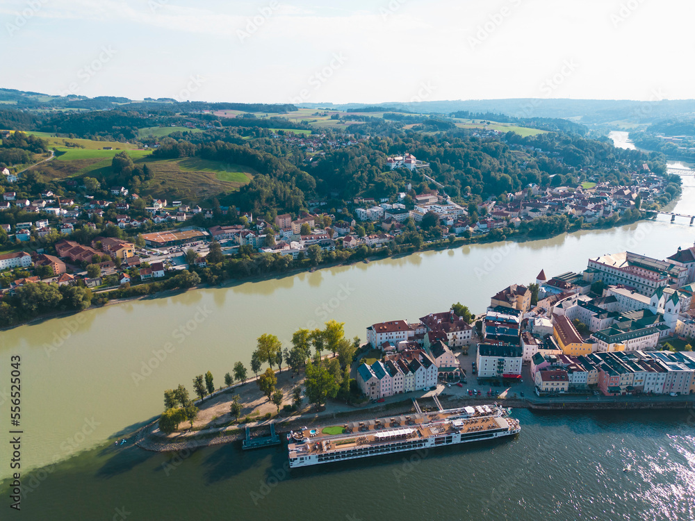 Aerial view of the three rivers conjunctions, Donau, Inn and Ilz rivers ...