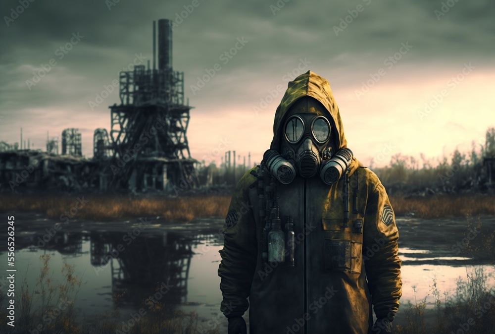scene of a man in a protective suit in a devastated and apocalyptic ...