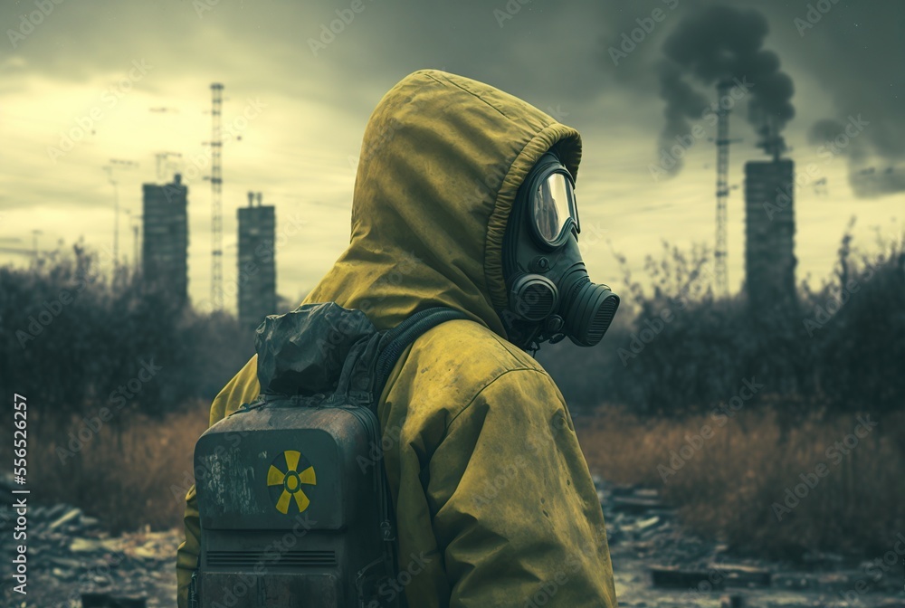 scene of a man in a protective suit in a devastated and apocalyptic ...