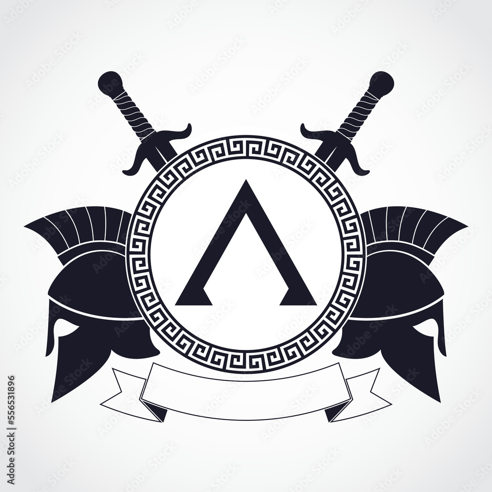 Poster spartan theme heraldry logo with shield helmets and swords ...