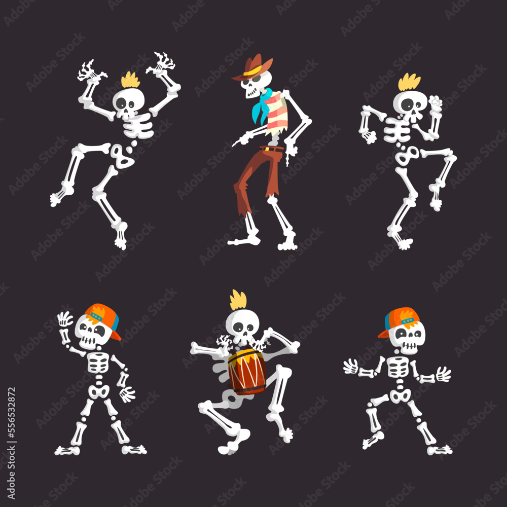Bony Skeleton Character in Different Pose and Action Vector Set Stock ...
