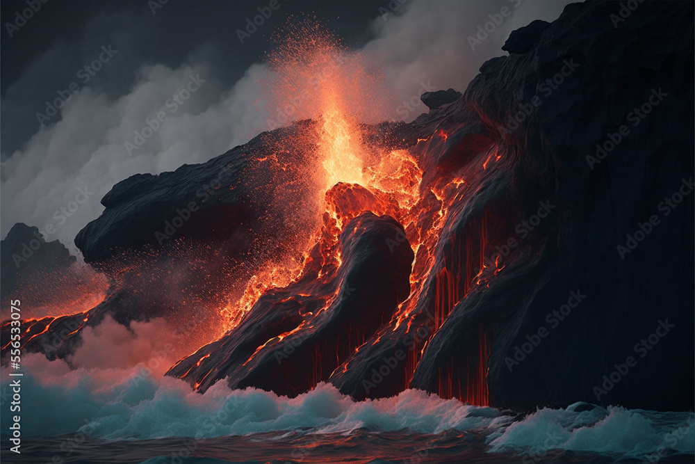 Active lava flow volcanic eruption magma touching the ocean. Generated ...