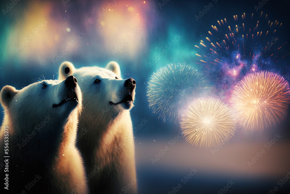 two polar bears watching a beautiful display of fireworks in the dark ...