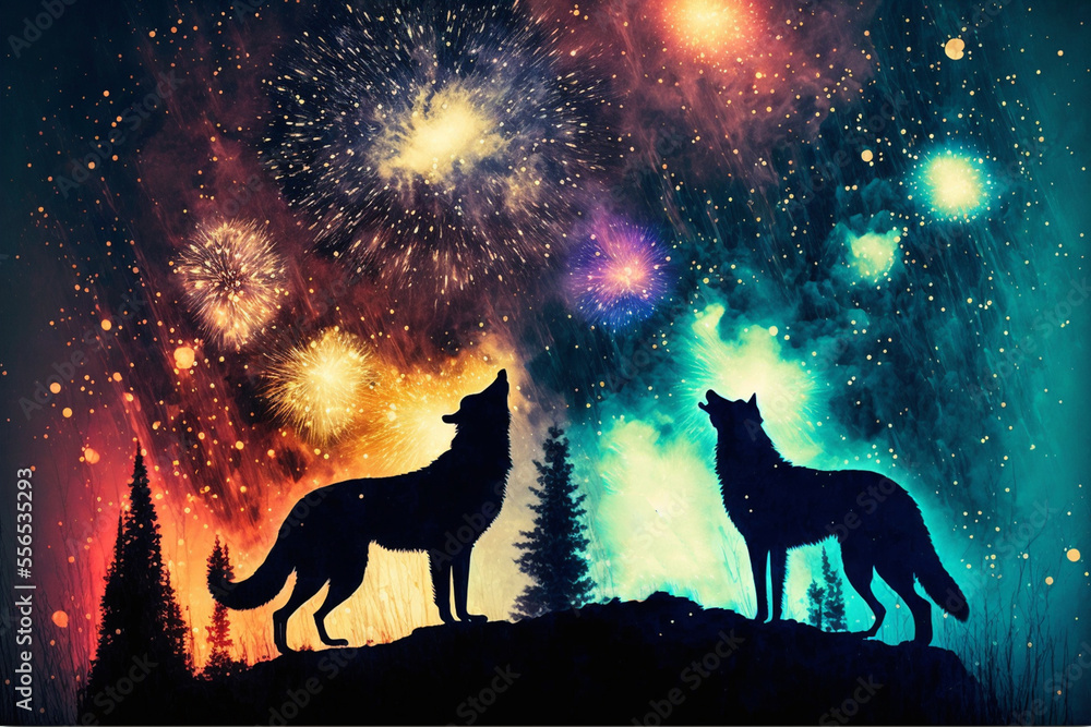 Two Wolves Howling At The Moon Together