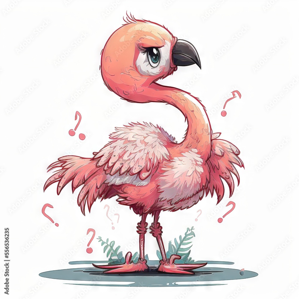 a pink flamingo standing on its legs with question marks around it's ...