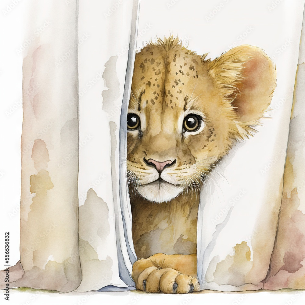 a watercolor painting of a lion cub peeking out from behind a curtain ...