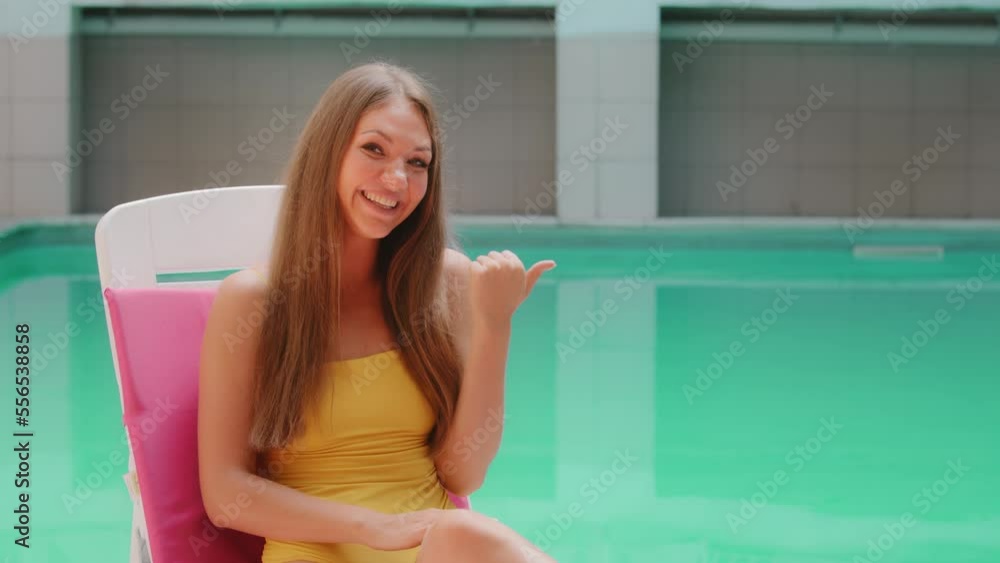 Blonde happy girl young student woman satisfied client tourist model in ...