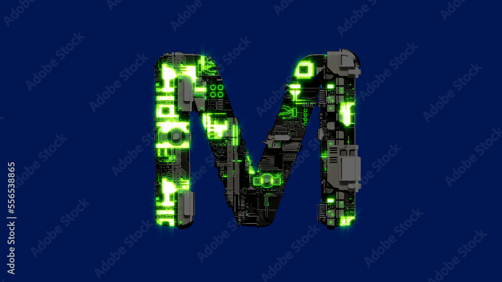 letter M - dark grungy scrap metal alphabet with shining green ...