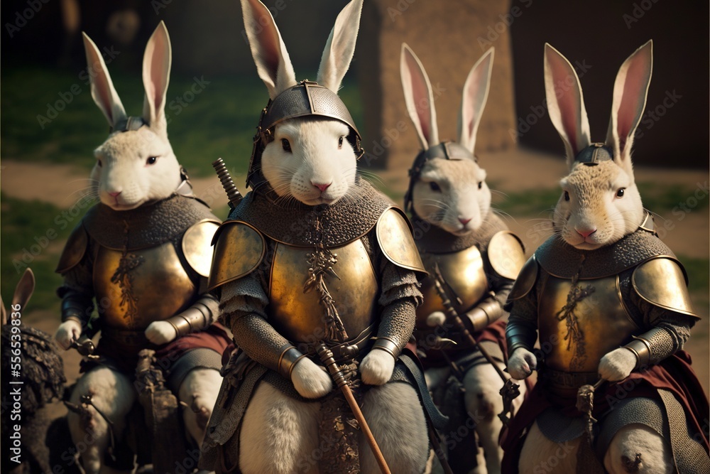 a group of rabbits dressed in armor and wearing bunny ears and holding ...
