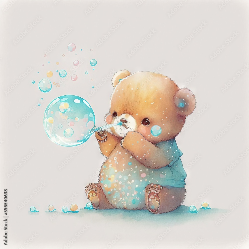 a bear blowing bubbles on a white background with a blue bubble in the air and a white ...