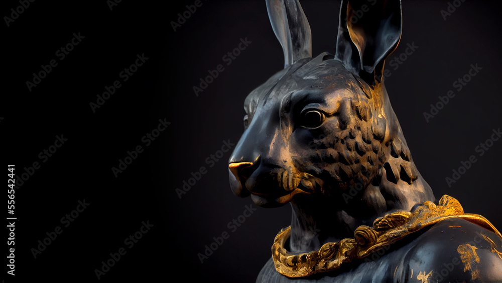 Renaissance black marble anthropomorphic statue of rabbit. Close-up ...