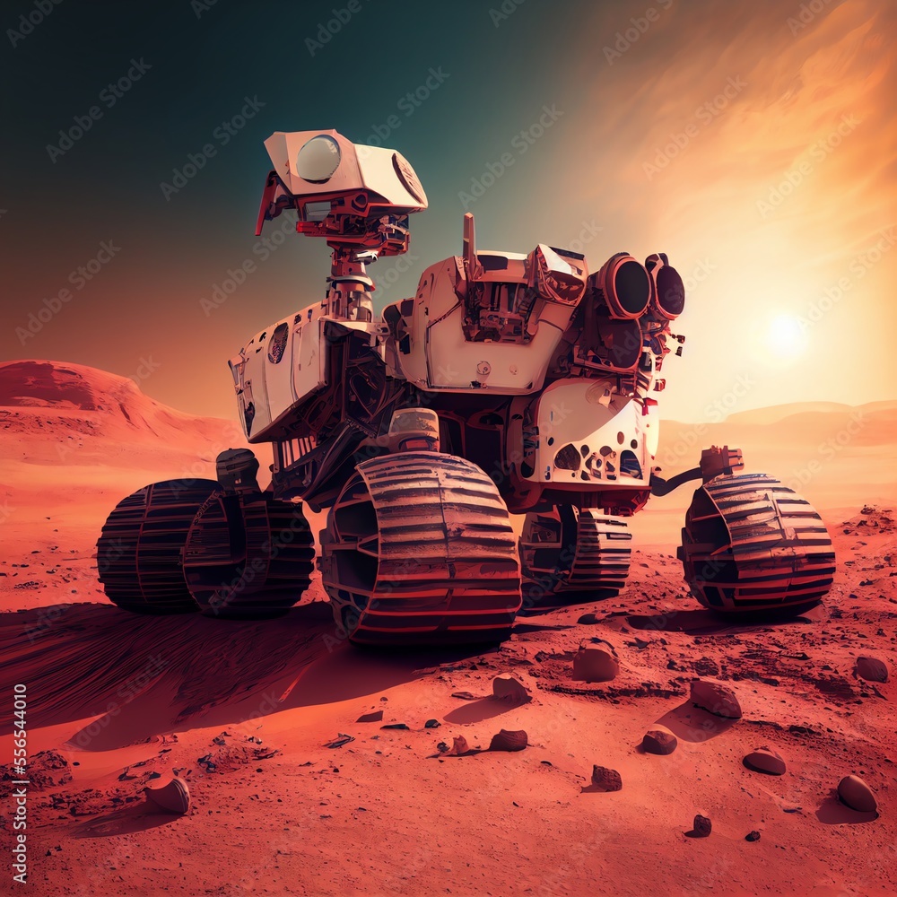 Mars rover on the surface of the red planet. Space exploration concept ...