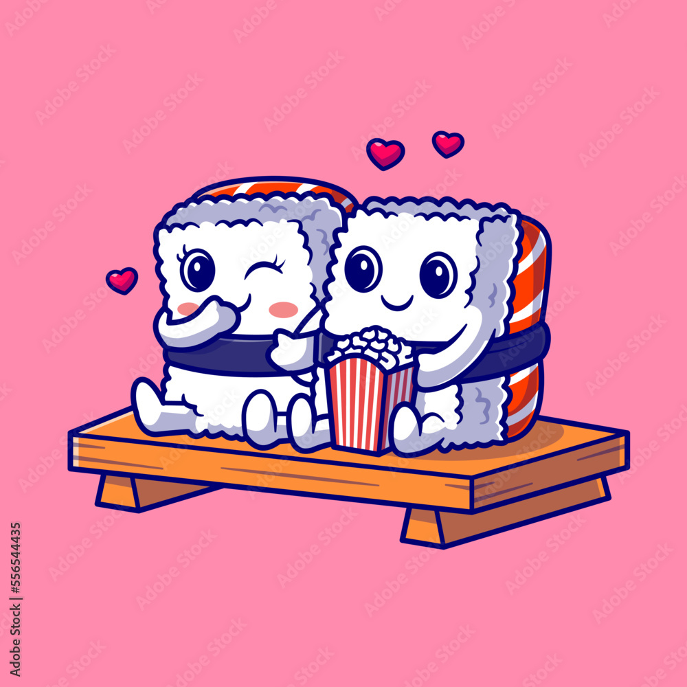 Cute Couple Sushi Eating Popcorn Cartoon Vector Icon Illustration. Food ...