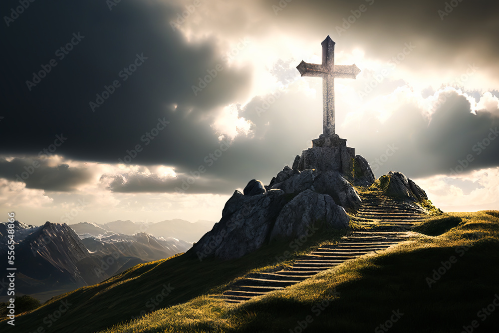 Christian cross on top of the hill in sun rays. Christian symbol ...