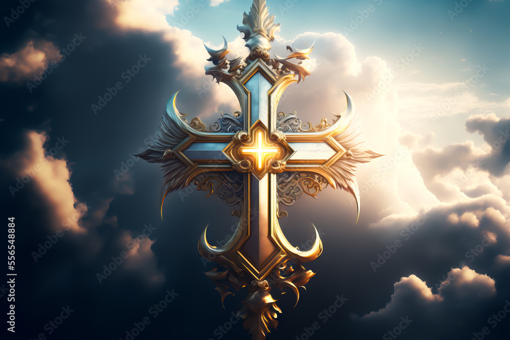 Jesus cross symbol on infinite sky background. Sky with clouds and sun ...