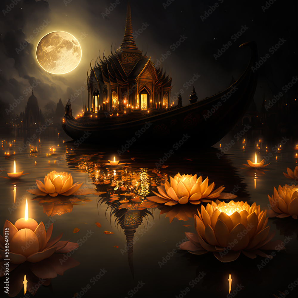 Loy Krathong magical water lily lantern on a river. Loi Kratong ...