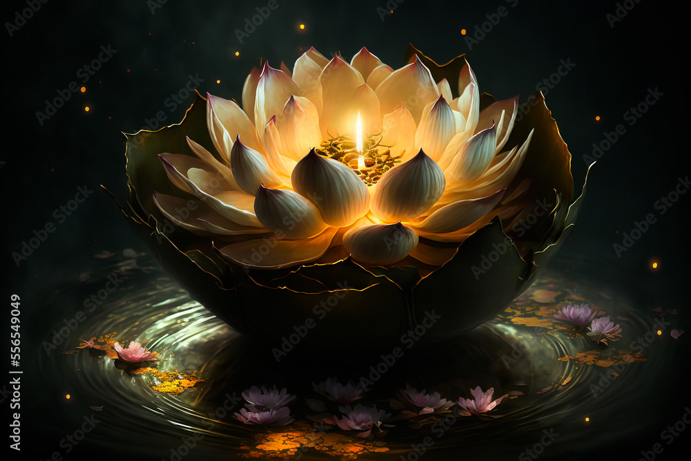 Loy Krathong magical water lily lantern on a river. Loi Kratong ...