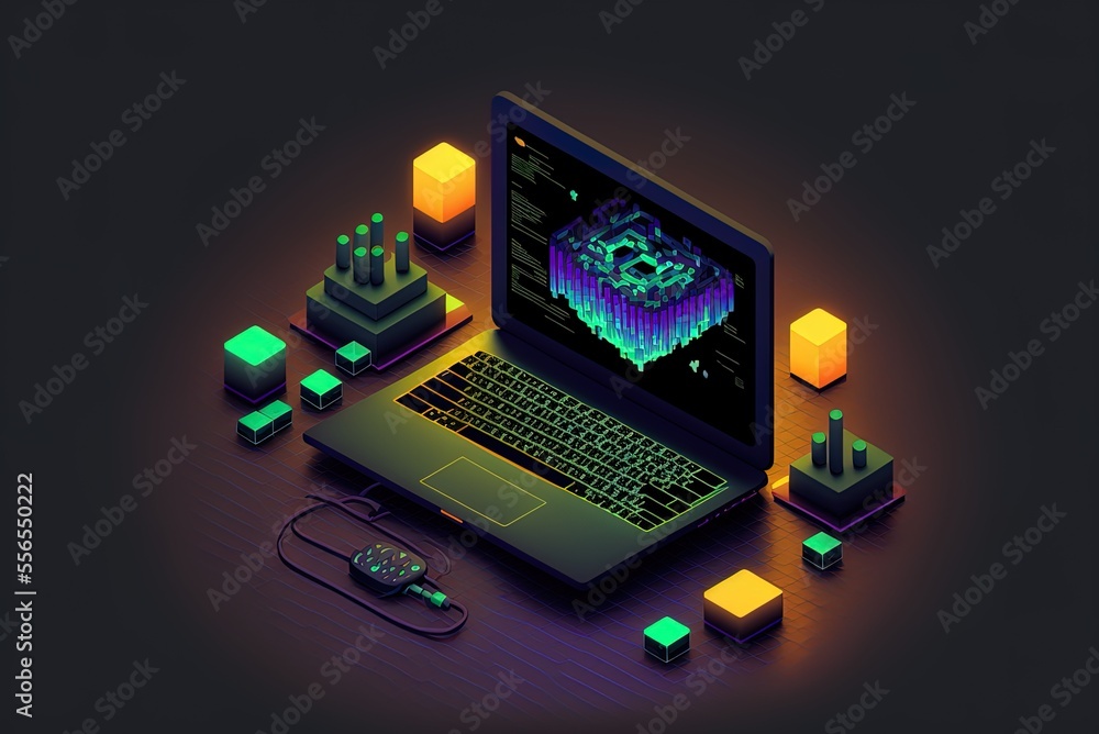 Isometric Symbol Representing A Programming Notion A Laptop Showing Source Code And A Dark