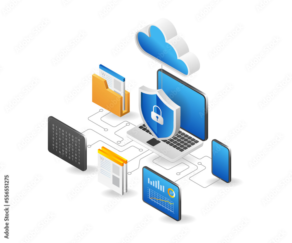 Flat isometric 3d illustration computer cloud server security program network concept Stock ...