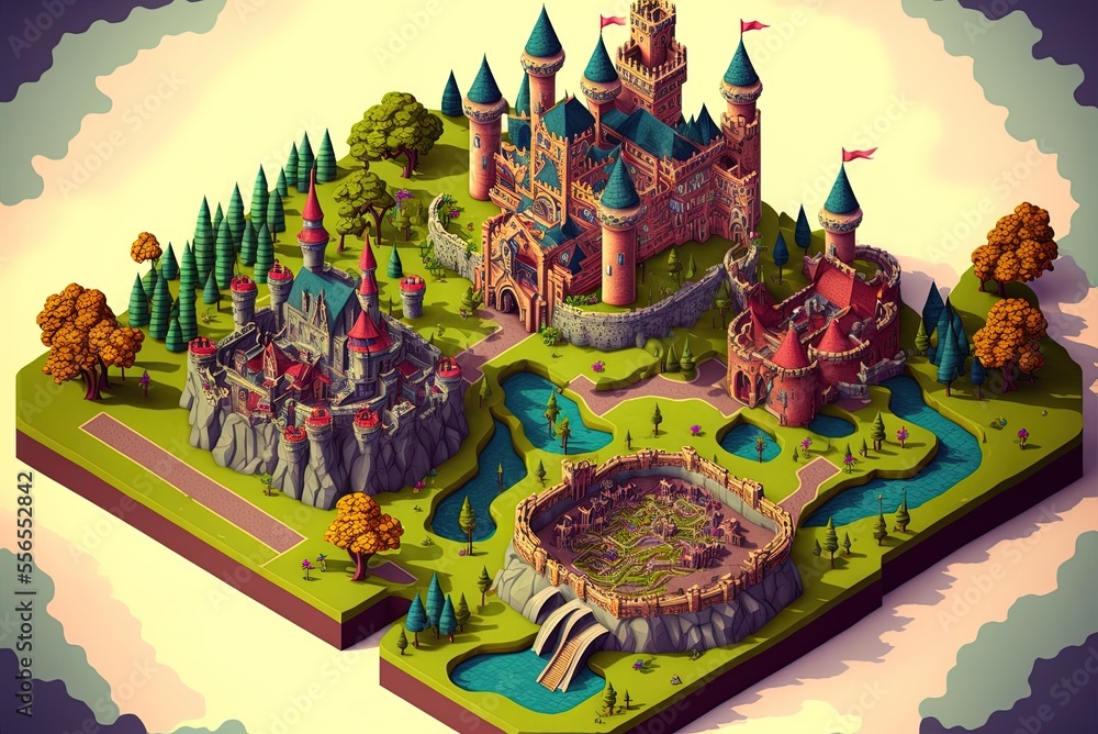 Isometric colorful map of enchanted kingdom with castles. Generative AI ...