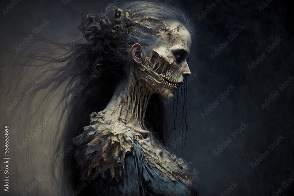 sad female zombie in a horror atmosphere, decaying undead woman ...