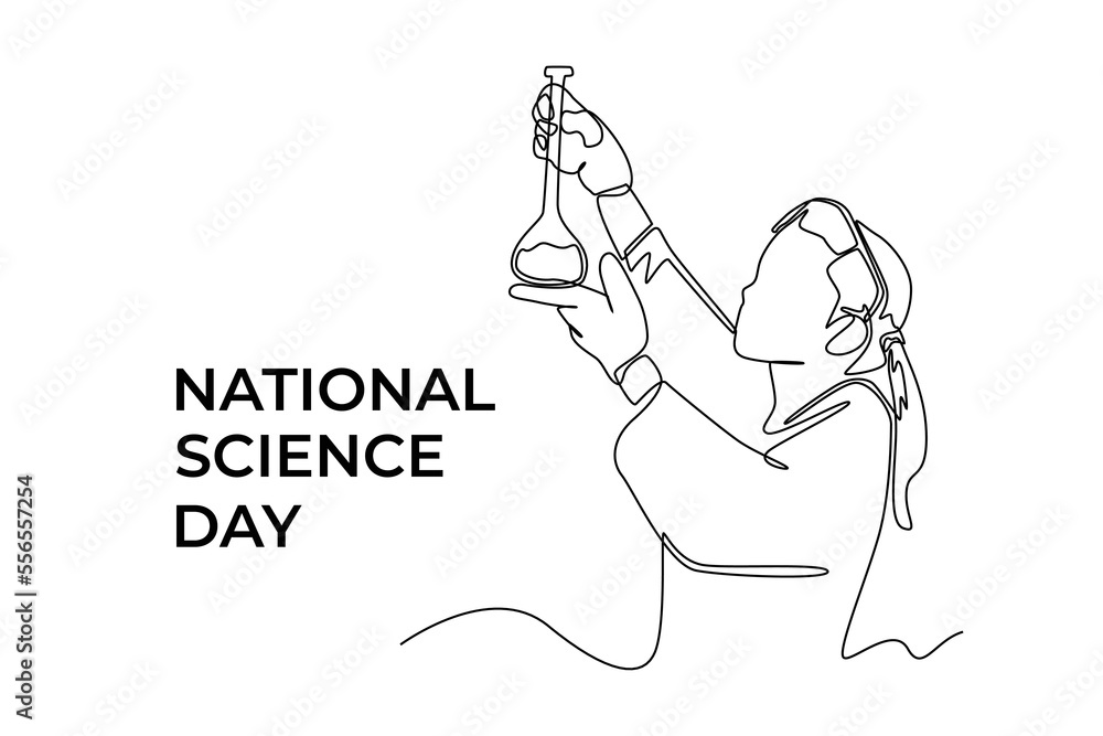 Continuous one line drawing scientific girl looking lab result in tube ...