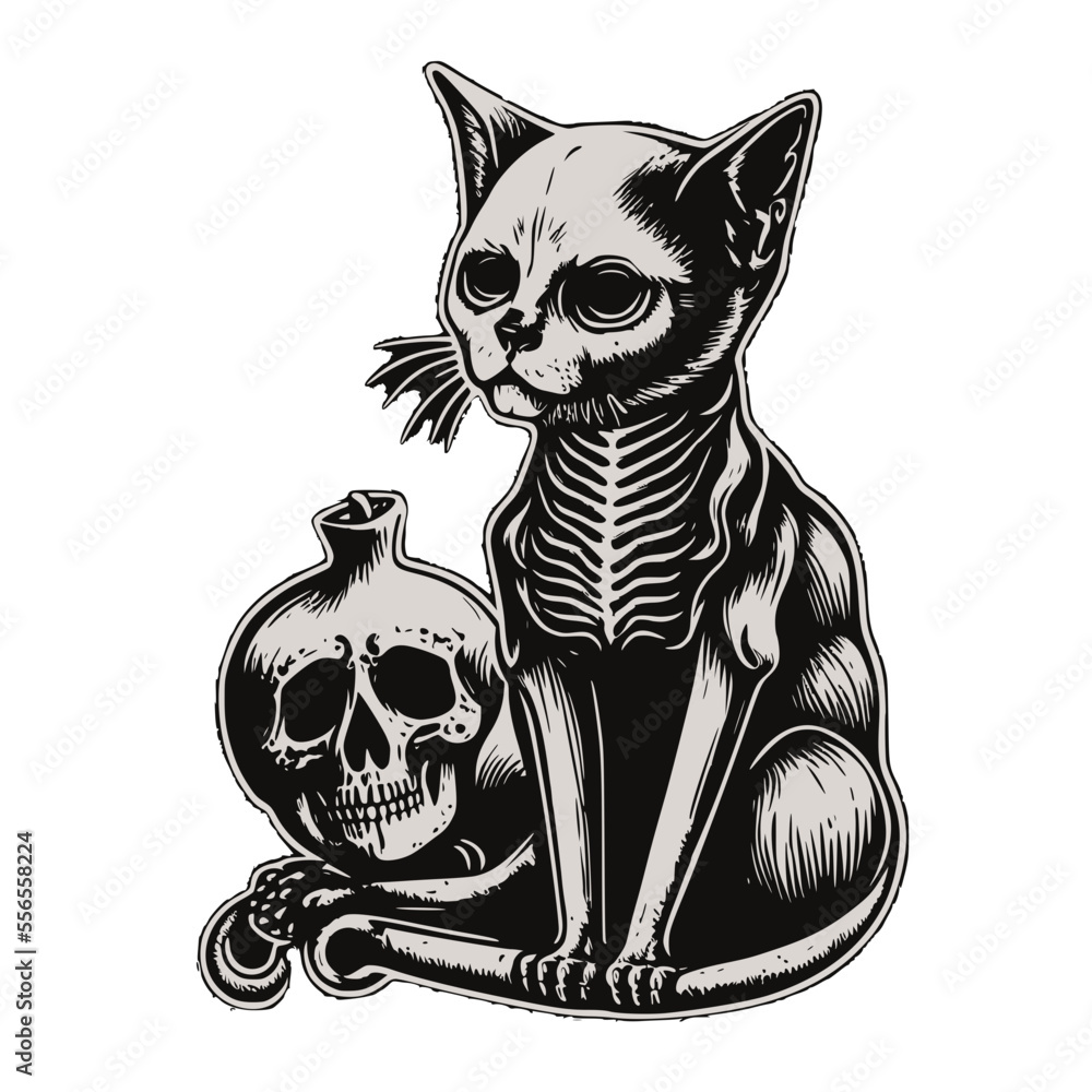 cute and creepy gothic kitten with a skull friend, vector goth animal ...