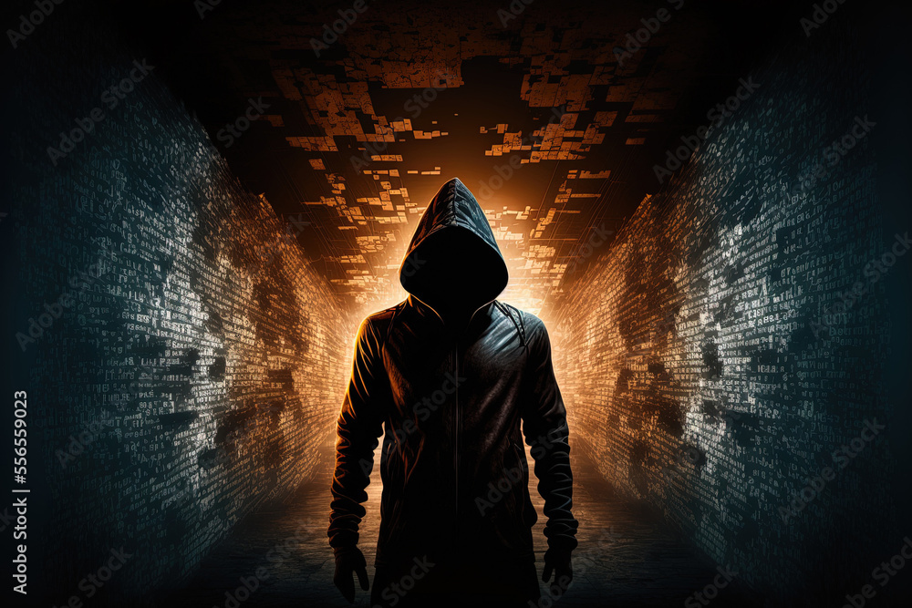 Male hacker with horizontal banner sneaking into underground hideout at ...