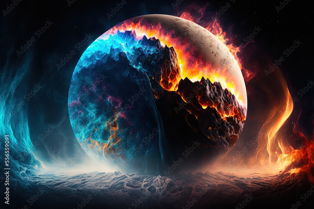 Background of a planet with ice and fire in space. Generative AI Stock ...