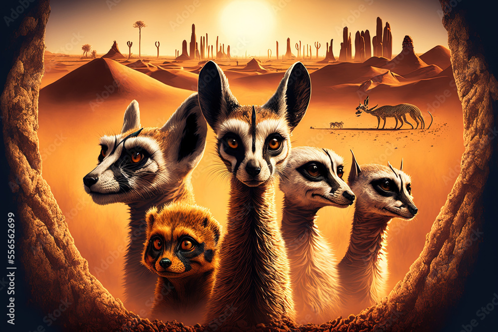 several types of desert wildlife a meerkat, a camel, a fennec fox, a ...