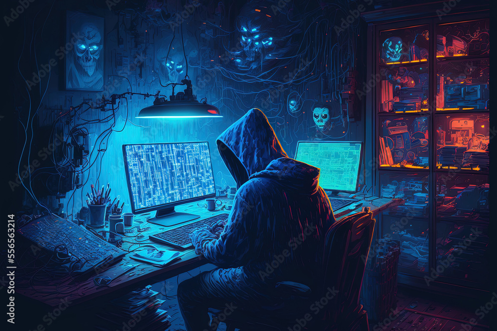 View from a low angle of a wanted hacker using laptops and computers to ...