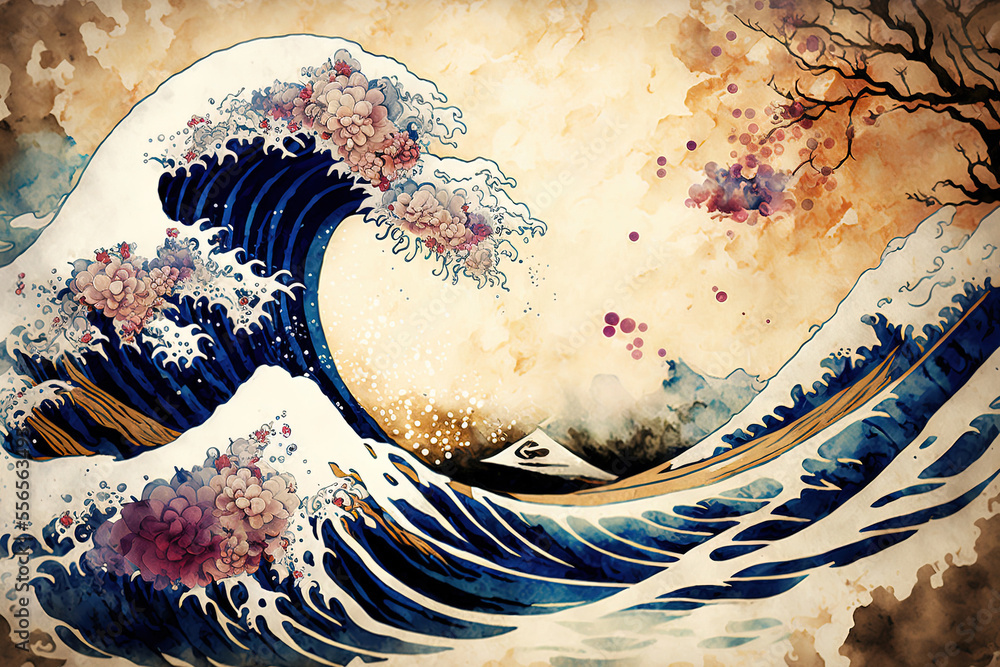 Oriental natural watercolor wave on a traditional Japanese backdrop ...