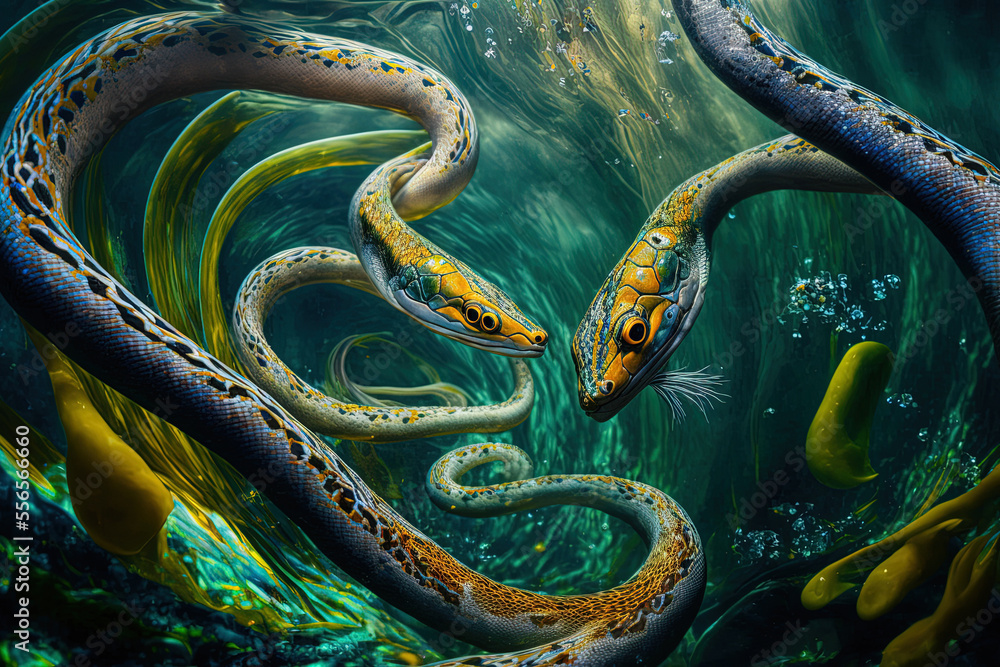 Garden eels, sea snakes, wild animals, and sea eels submerged in the ...