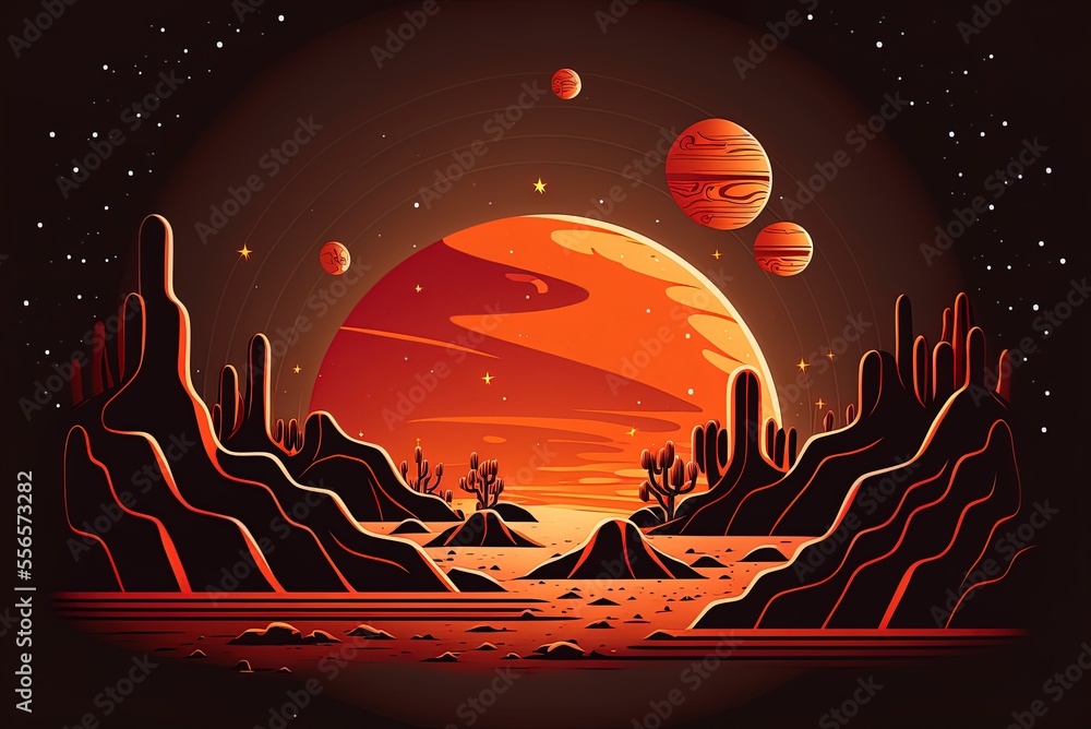 Background of the red planet Mars with saturn and the stars shining ...