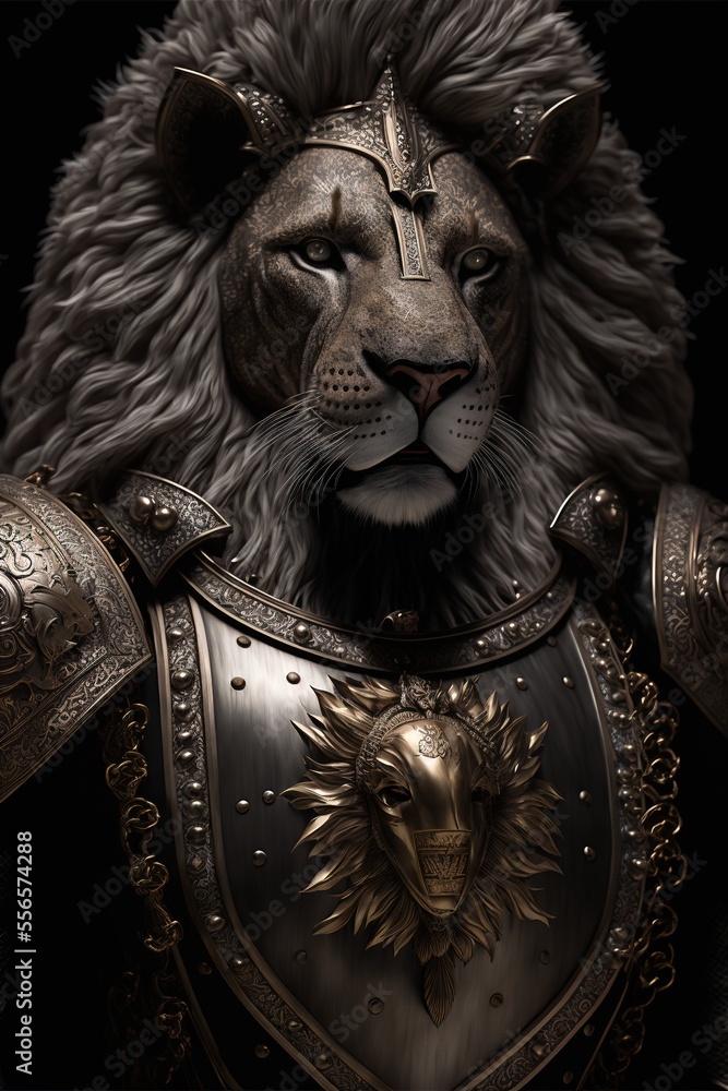 Lion in ornated royal armor, legendary mythical creature warrior ...