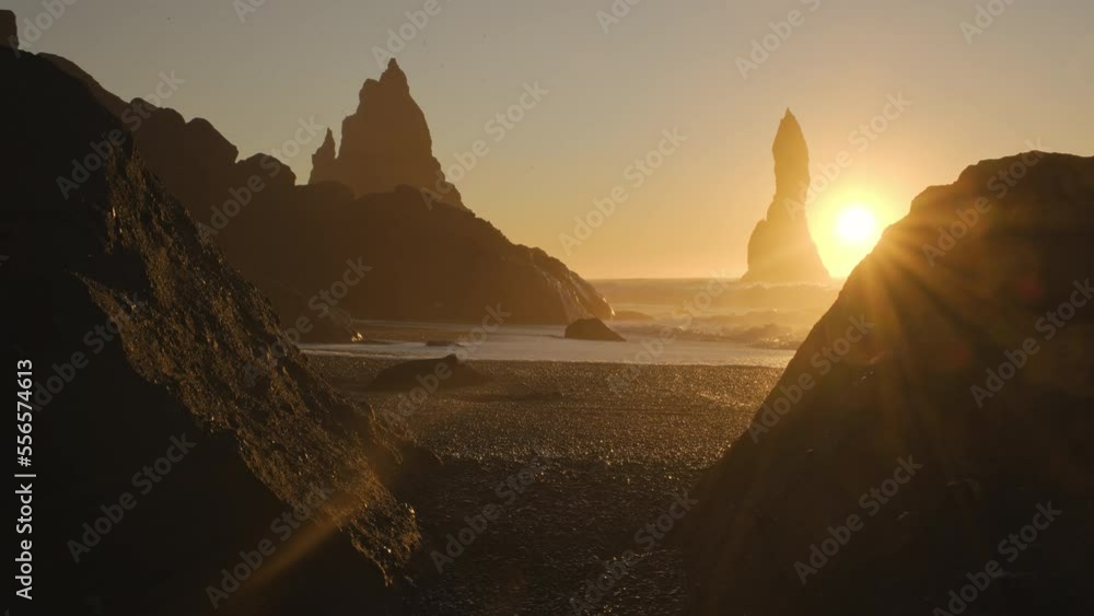 Famous Black Sand Beach In Iceland, Sunset over Volcanic Cliffside ...