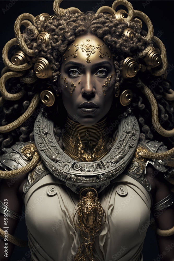Medusa gorgon in ornated white armor with golden accents, snake ...