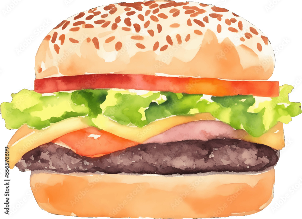 hamburger hand drawn with watercolor painting style illustration Stock ...