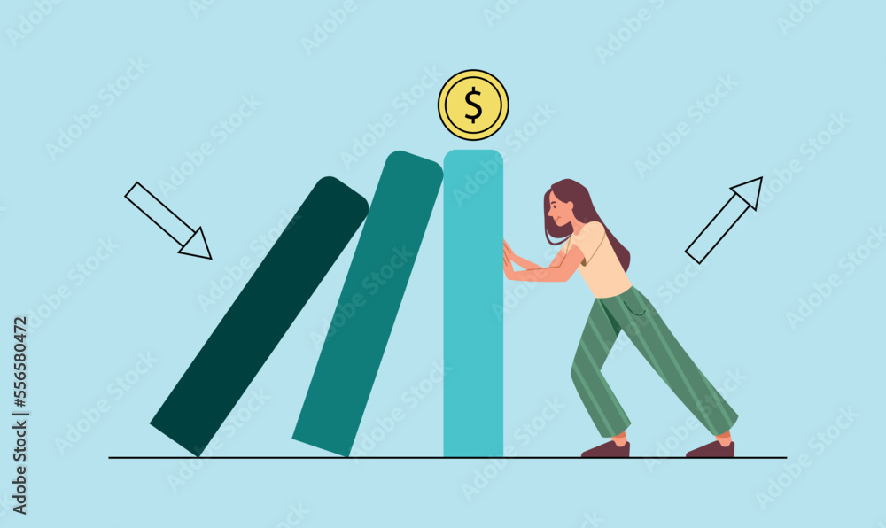 Financial crisis concept. Woman holds up falling poles with gold coin ...