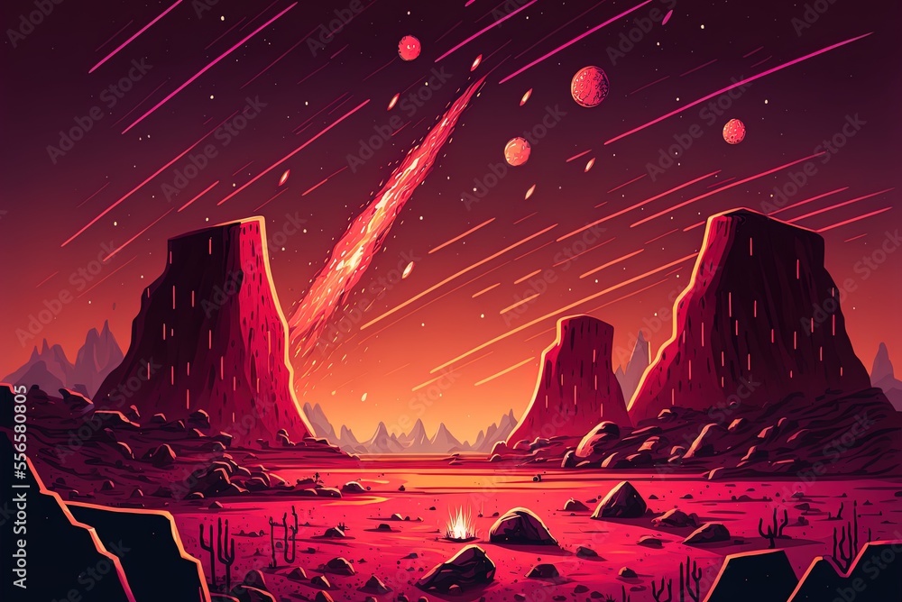 Alien world with a crimson desert and rocky landscape under a meteor ...