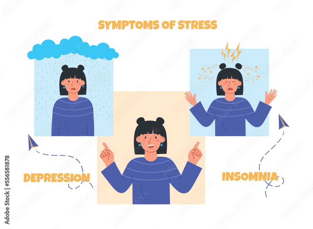 Women with stress symptoms. Collection of graphic elements for website ...