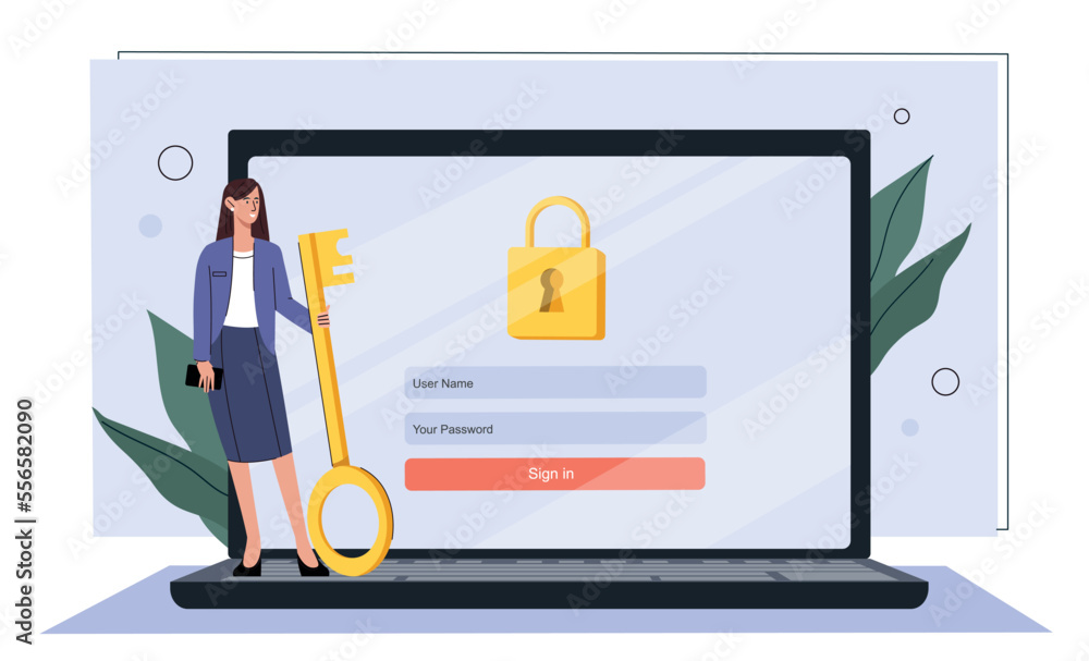 Login to computer. Woman with golden key standing near laptop ...