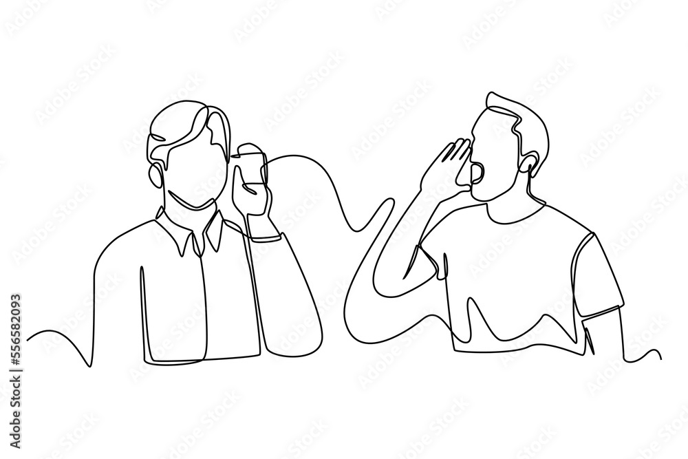 Continuous one line drawing Man shouting in tin can telephone ...