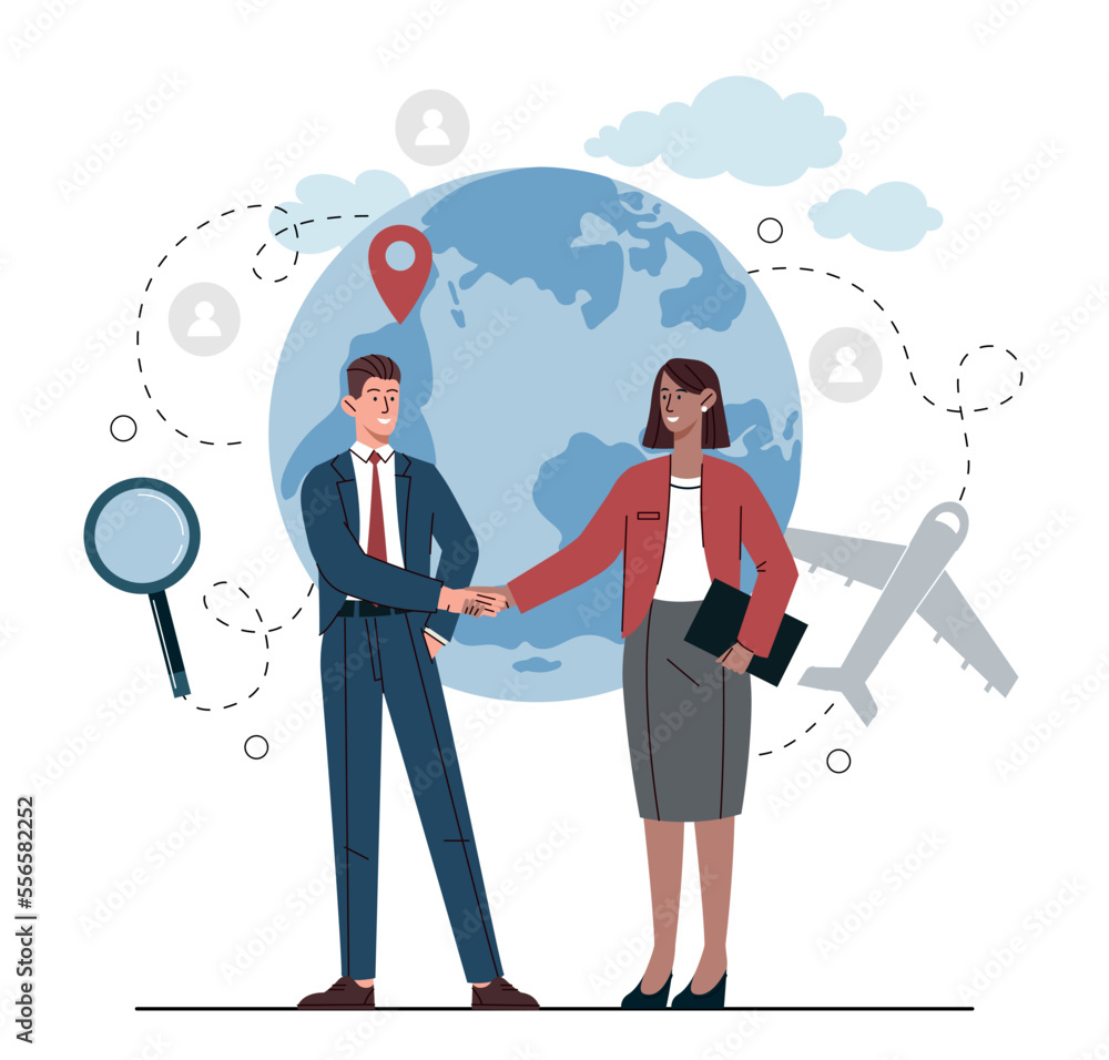 International cooperation concept. Man and woman shake hands on ...