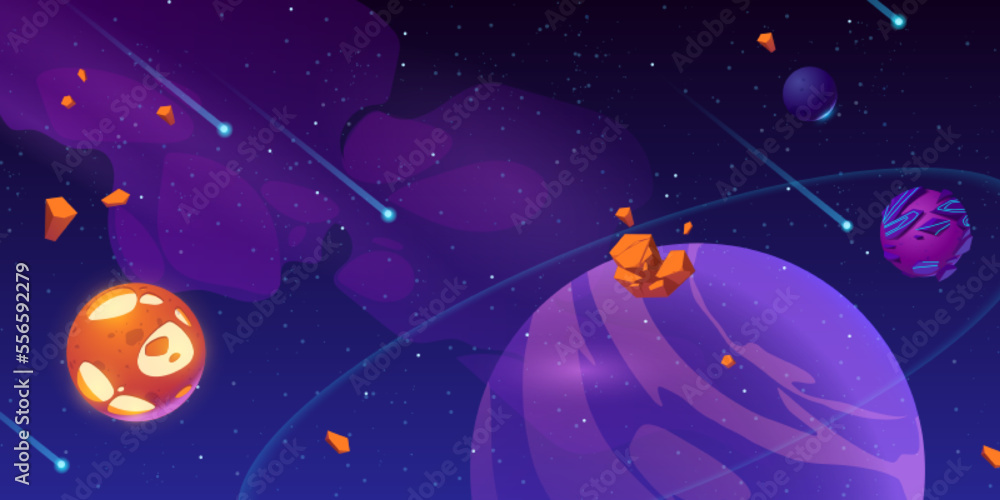 Meteors and rocky asteroids flying in outer space. Cosmic background ...