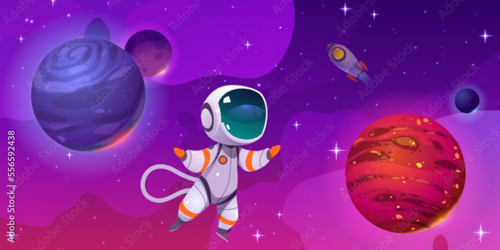 Cartoon astronaut exploring solar system in outer space. Vector ...