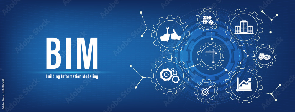 BIM icons and web banner background Create information modeling technology concepts on a virtual ...