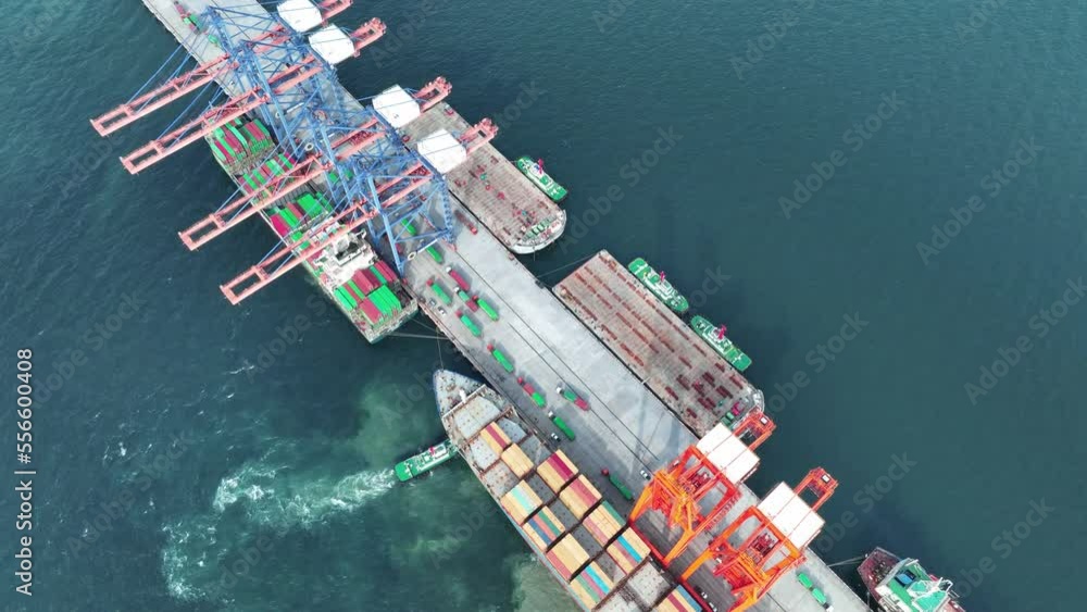 Tug boat drag pull Cargo Container Ship to international Bridge cargo ...