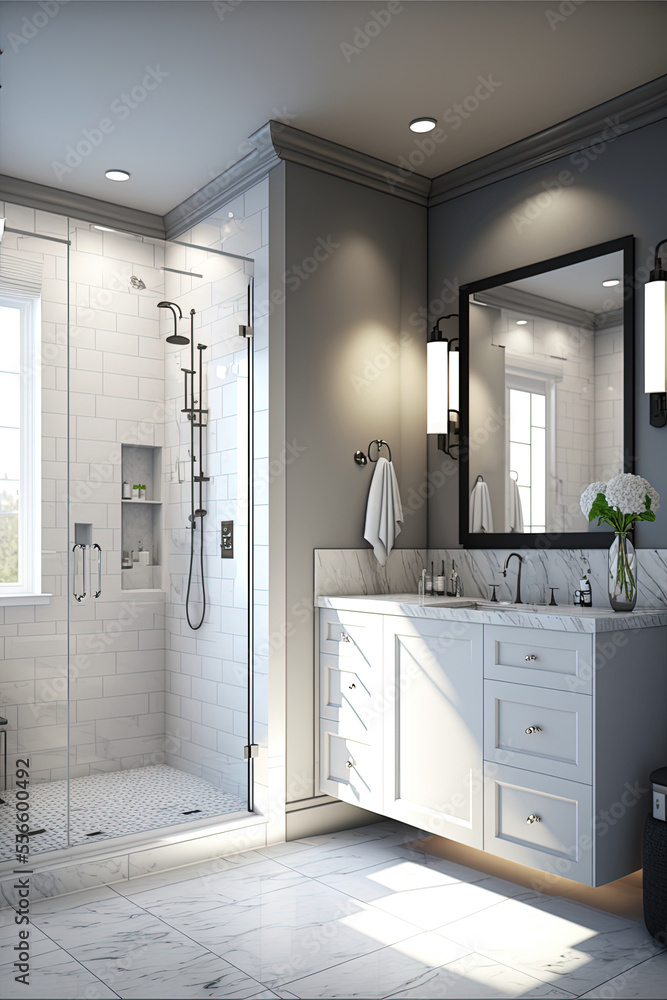 master bathroom with shower, minimalist design, clean lines, marble, AI ...