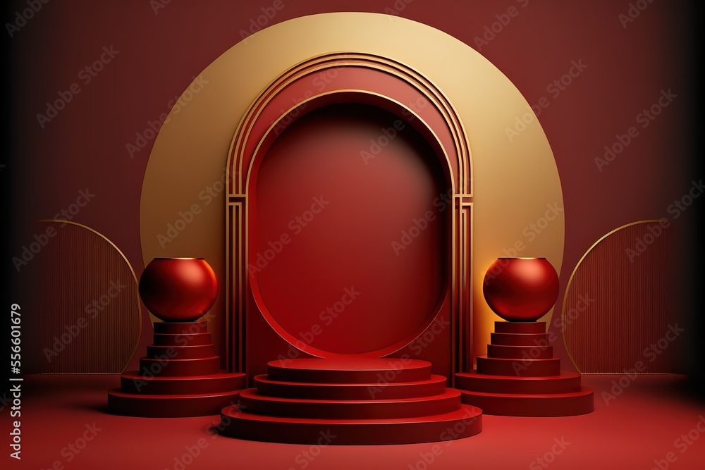 Realistic dark red and gold 3D cylinder pedestal podium set with red ...
